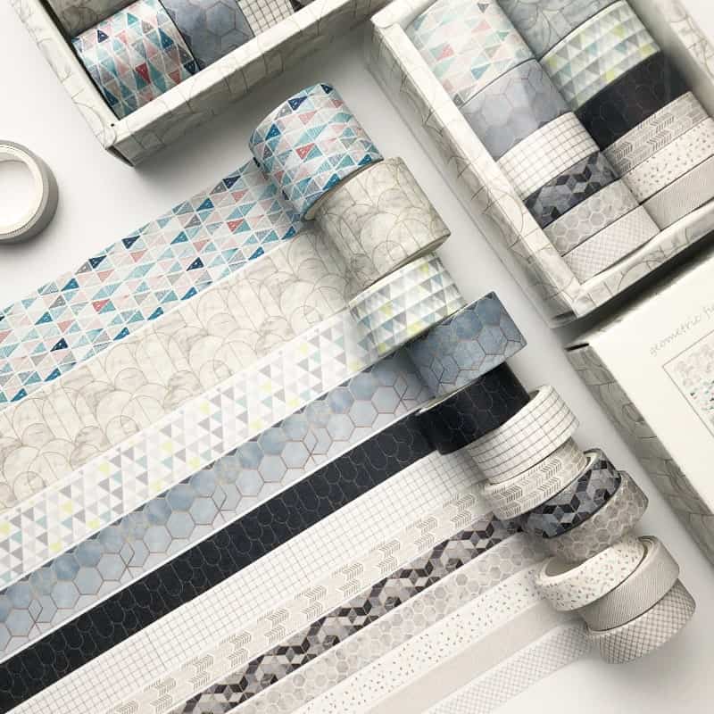 Washi Tapes Grey Set - Gift Box - Geometric Patterns - 12 Rolls